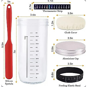 Sourdough Starter Jar, Home Brewing Kit with Thermometer, Spatula, Cloth Cover and Metal Cap, 24 oz Container, Reusable and Long Lasting