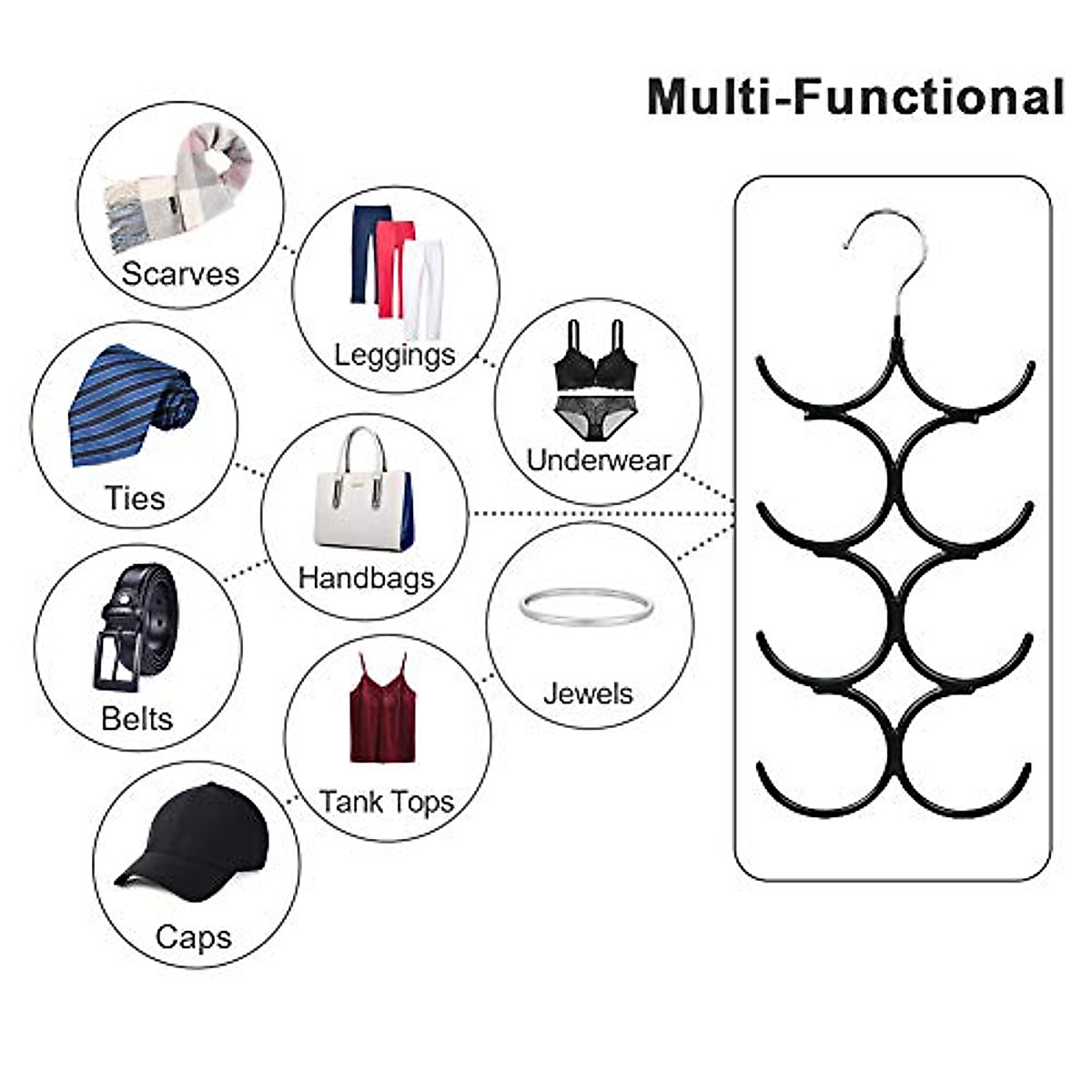 Yizhi Scarf Hanger Organizer Holder, No Snag Belt Rack Tie Hanger Sturdy 8 Hook Space Saving Closet Accessory Organizer for Scarves, Ties, Belts, Shawls, Pashminas and Jewelry (2, Black)