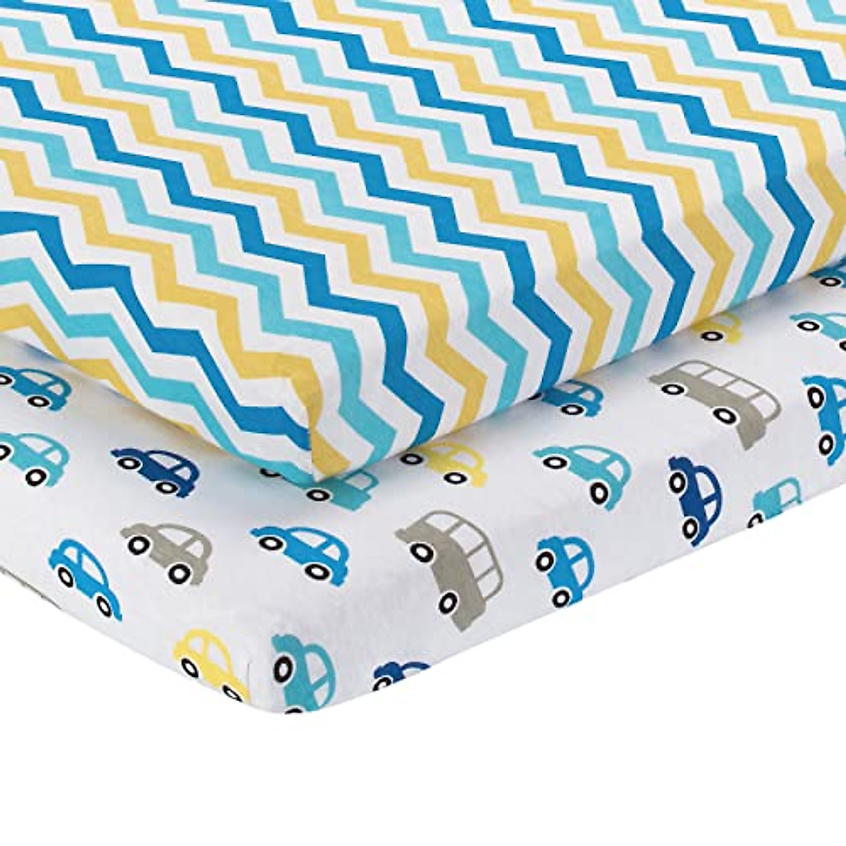 2 Pack n Play Mattress Sheets – 100% Jersey Knit Cotton Soft Portable Crib Mattress Sheets for Boys with Blue, Gray, Yellow Cars and Chevron Design; 2 Pc Playpen Mattress or Mini Crib Sheet Fitted Set