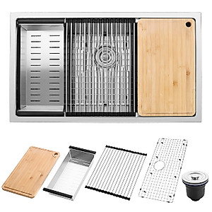 Herogo Kitchen Sink, 33x19 Inch Large Farmhouse Undermount Kitchen Sink, Stainless Steel R10 Corner Workstation Single Bowl 10 Inch Deep Kitchen Sinks with Accessories