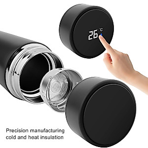 QiCheng&LYS Coffee Thermos,Tea Infuser Bottle,Smart Sports Water Bottle with LED Temperature Display,17 OZ Vacuum-Insulated Stainless-Steel Water Bottle (Black)