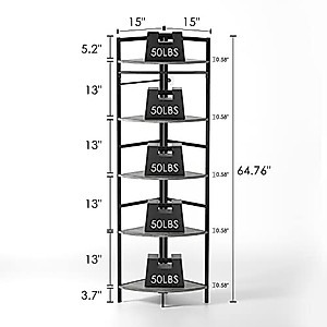 QNICE 5 Tier Industrial Corner Shelf Stand, Tall Rustic Coat Rack, Wood and Metal Corner Shelving (Dark Grey Oak)