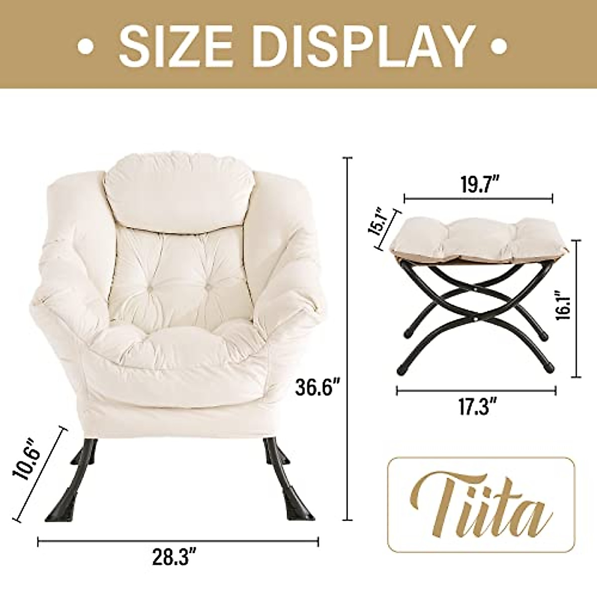 Tiita Lazy Chair with Ottoman, Modern Large Accent Lounge Chair, Leisure Sofa Armchair with Ottoman, Reading Chair with Footrest for Bedroom, Living Room, Dorm Rooms, Garden and Courtyard