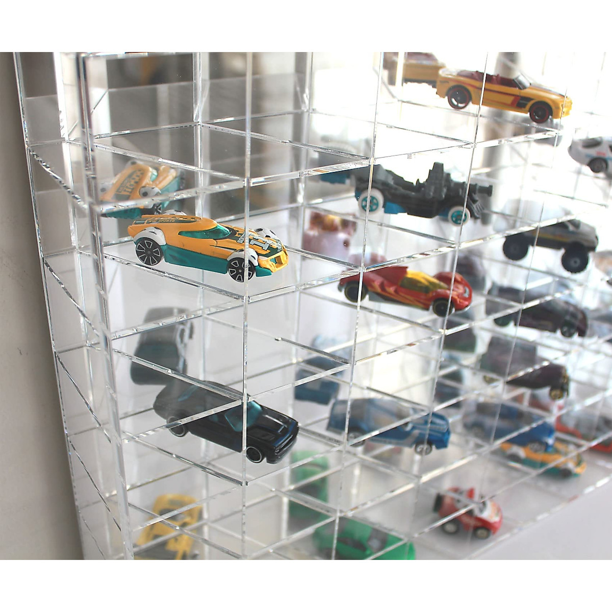 DisplayGifts Clear Acrylic Display Case for 1:64 Scale Hot Toy Cars Wheels Model Cars Display with 144 Compartments in 45 Degree Angle, Clear, UV Protect 22.5 X 30.4 X 3 Inches, Wall Mounted Storage