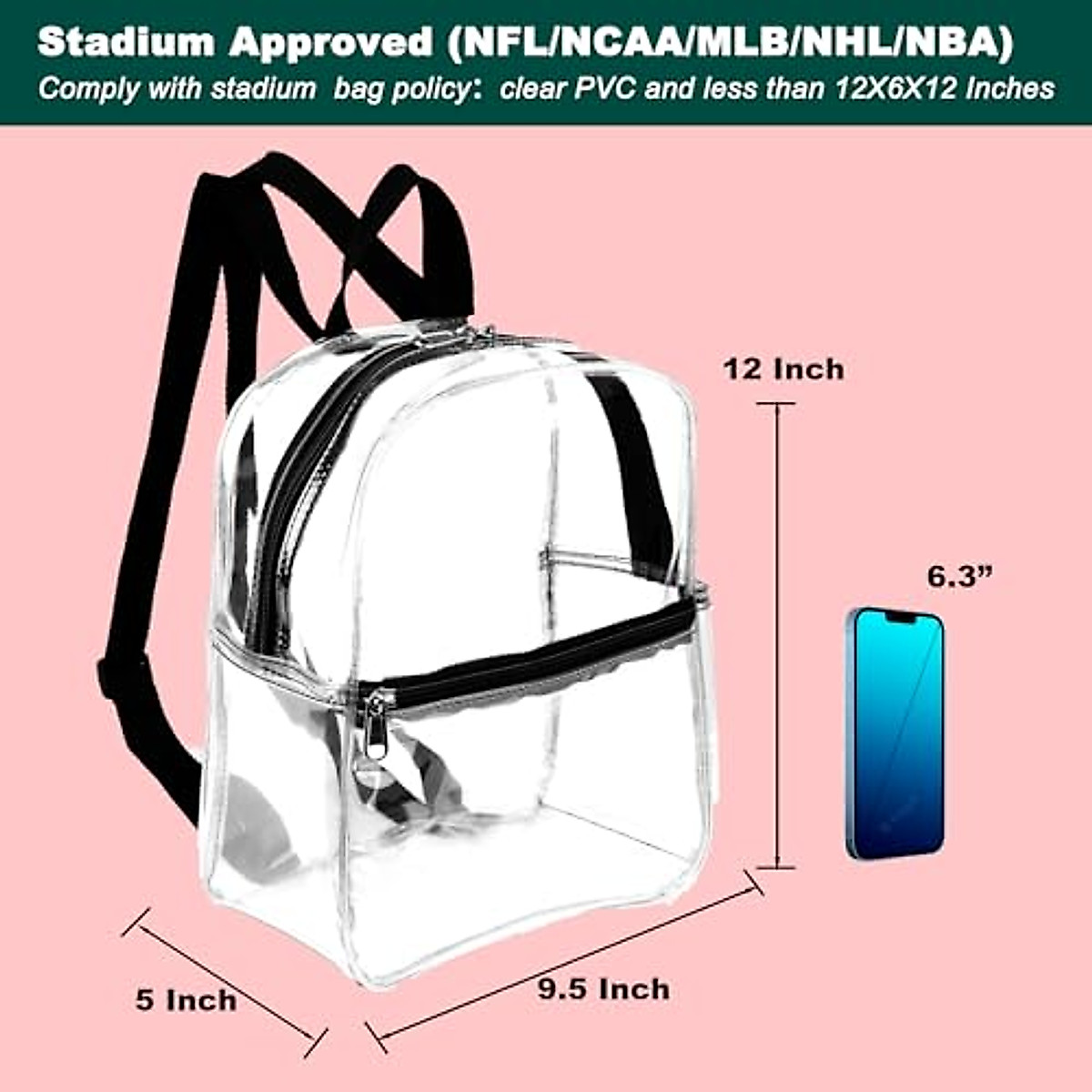 Keepcross Small Clear Backpack Stadium Approved - 12x6x12 Cute Mini Plastic Clear Stadium Bag Great for Festival Sport Events Game Concert,Women Girls,Black Straps