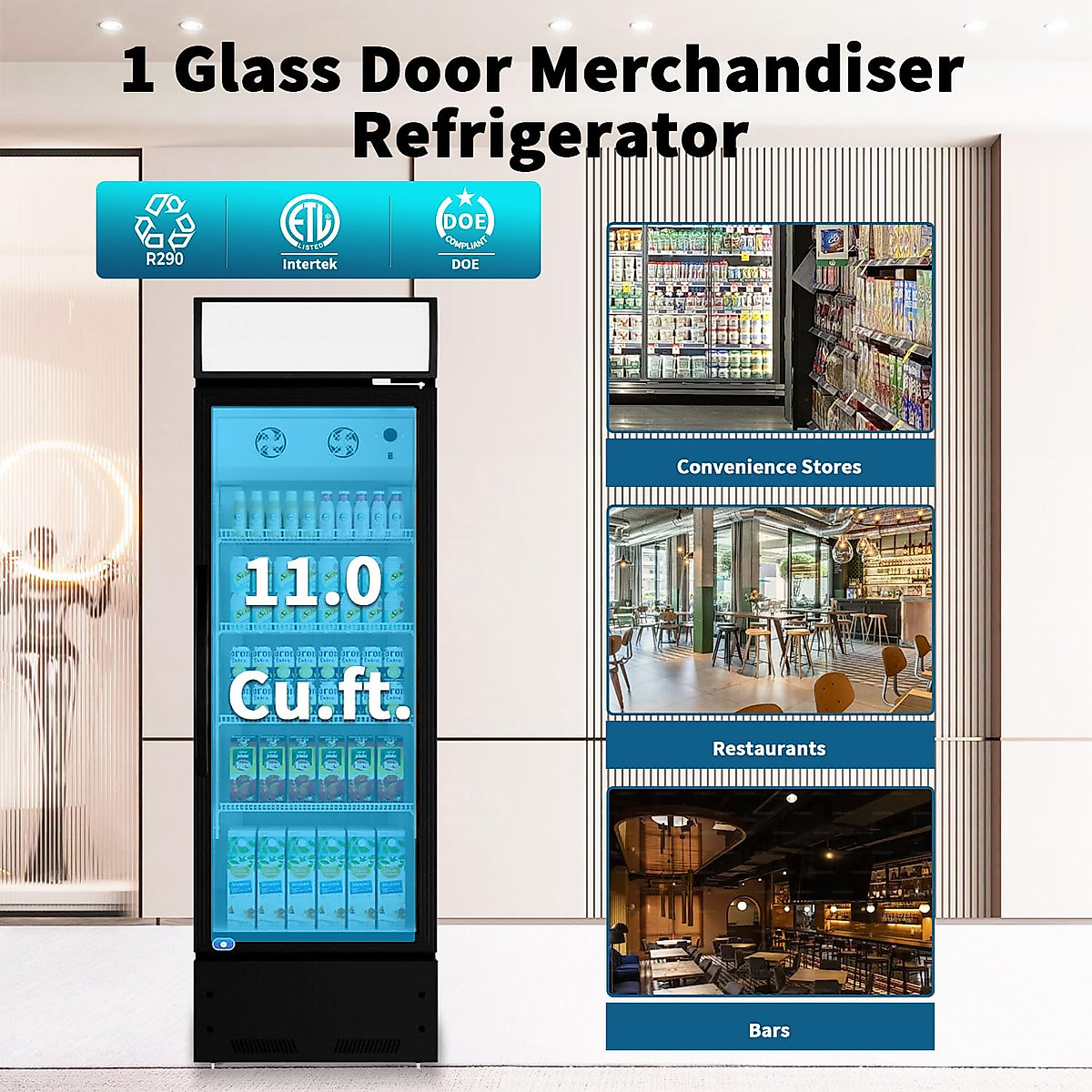 okeyolive 11 Cu Ft Commercial Merchandiser Refrigerator, Glass Door Upright Display Fridge with LED Lighting, Large Freestanding Beverage Cooler