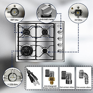 4 Burner Gas Stove Gas Cooktop 24 Inch, Stainless Steel Built-in Gas Hob for LPG/NG Dual Fuel, Natural Gas/Propane Cooktop with Flame-out Protection for Kitchen Apartmen, Easy to Clean, 110v