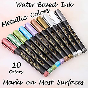 Dyvicl Metallic Brush Marker Pens - Metallic Pens Art Markers for Calligraphy, Brush Lettering, Black Paper, Rock Painting, Card Making, Scrapbooking, Fabric, Metal, Ceramics, Wine Glass, Set of 10