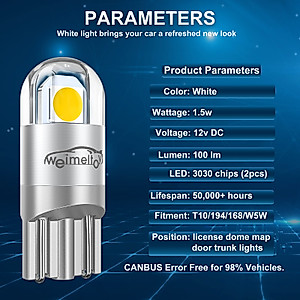 WEIMELTOY 194 Led Car Bulb 3030 Chipset 2SMD T10 194 168 W5W Led Wedge Light Bulb 1.5W 12V License Plate Courtesy Step Map Lights Trunk Lamp Clearance Lights (12pcs)