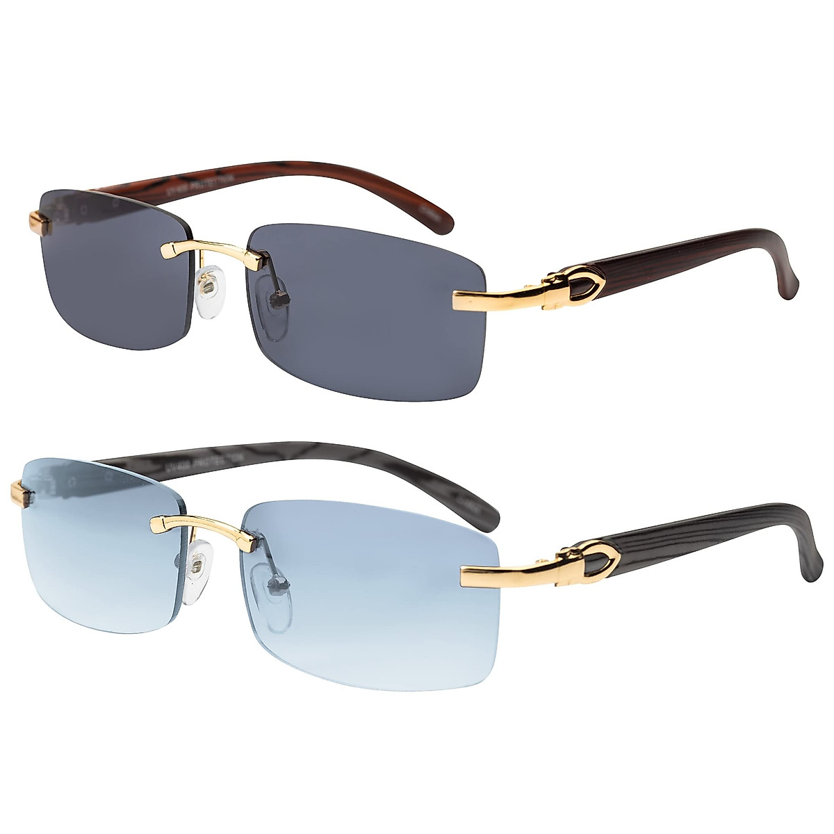 Elite Slim Rimless Rectangular Metal & Wood Art Aviator Sunglasses (2 PACK: Black - Blue)