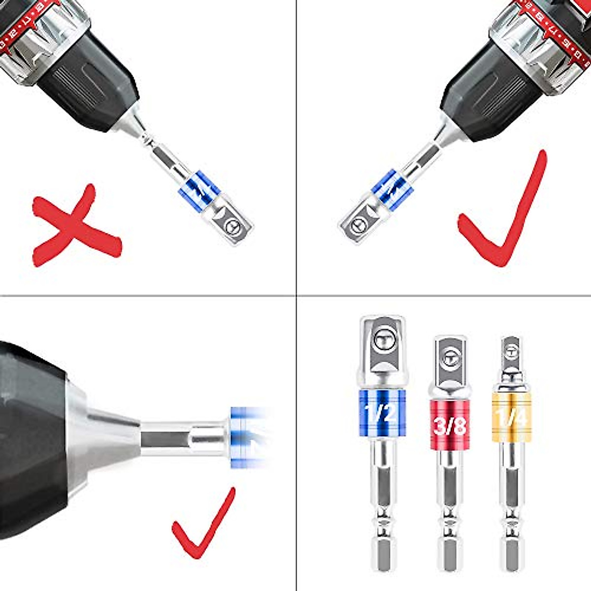 MAEXUS Impact Grade Socket Adapter Extension Set, Turns Power Drill Into High-Speed Nut Driver, 1/4" 3/8" 1/2" Drive, Socket to Drill Adapter for Impact Drivers (3 Pcs)