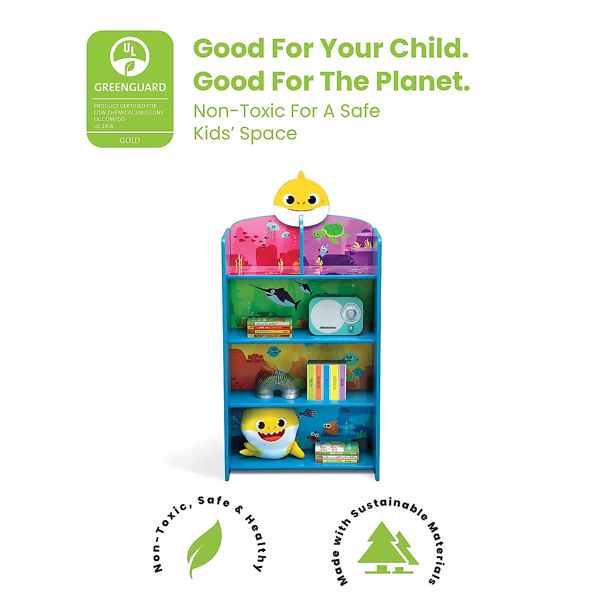 Delta Children Wooden Playhouse 4-Shelf Bookcase for Kids, Baby Shark, 10.23"D x 19.88"W x 40.35"H