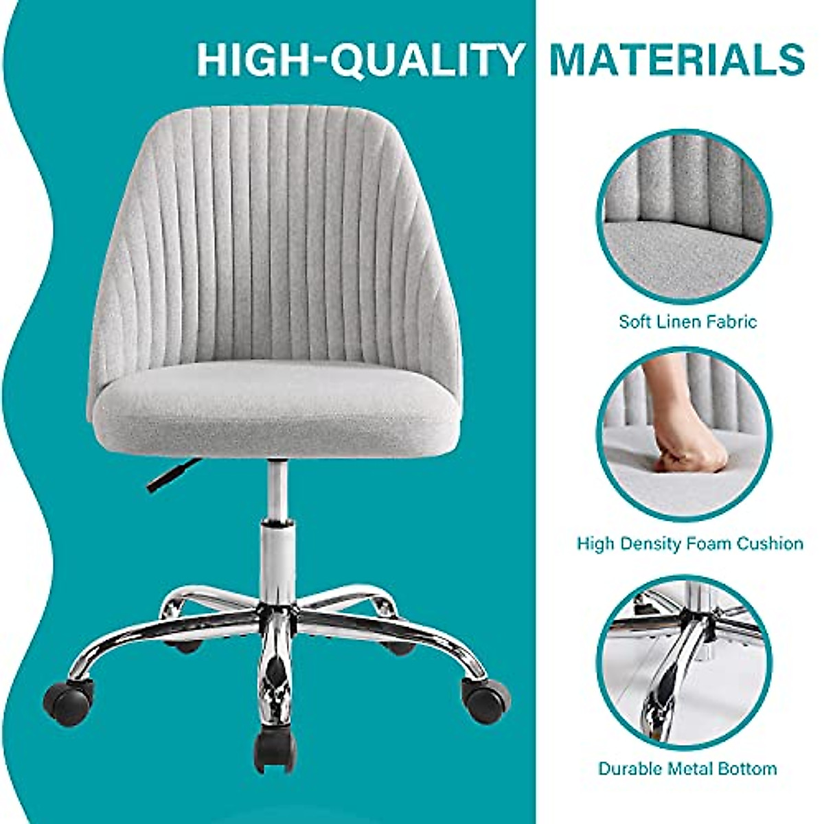 HOMEFLA Home Office Desk Chair, Modern Linen Fabric Chair Adjustable Swivel Task Chair Mid-Back Cute Upholstered Armless Computer Chair with Wheels for Bedroom Studying Room Vanity Room (Light Grey)