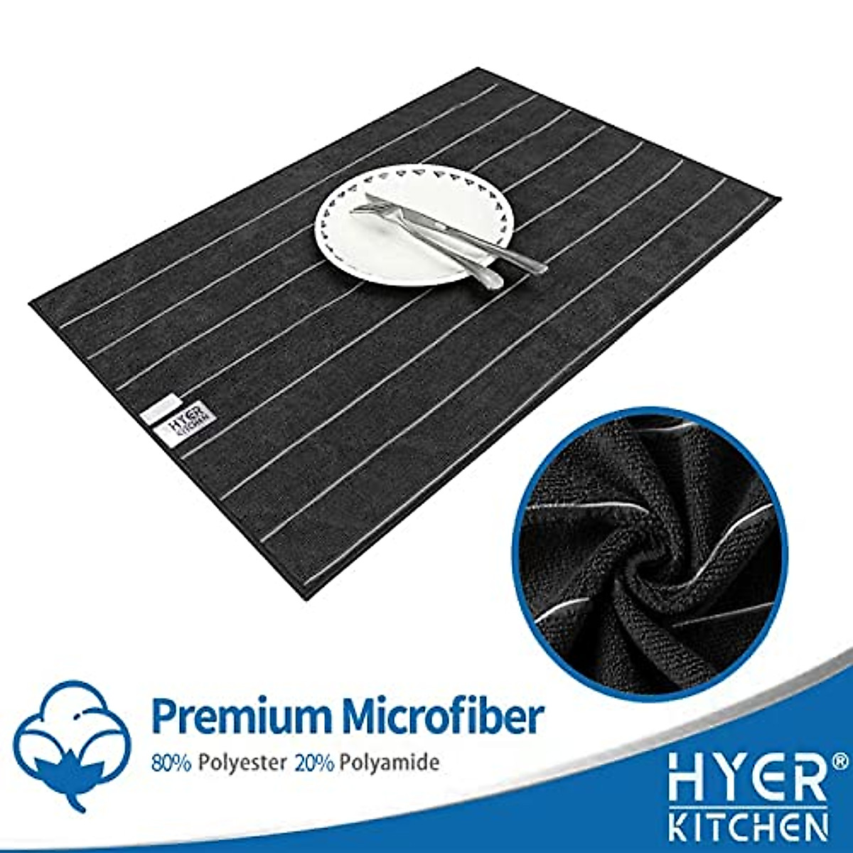 Microfiber Kitchen Towels - Super Absorbent, Soft and Thick Dish Hand Towels, 8 Pack (Stripe Designed Black Colors), 26 x 18 Inch