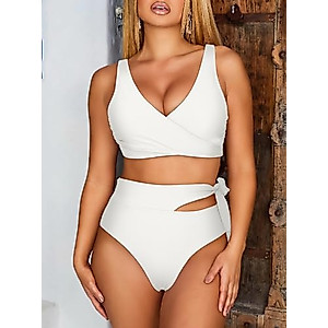 Sovoyontee 2024 Womens Criss Cross Bikini Sets Two Piece Swimsuit High Waisted Cheeky Cut Out Bathing Suit White XL