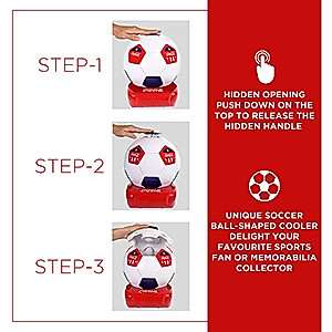 Coca-Cola Soccer Ball Mini Fridge, 5 Can Beverage Cooler with Hidden Opening, White Red Black, Unique Accessory for Den, Games Room, Man-Cave, Dorm, Sports Fans, Students