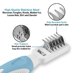 Pets First Professional Pet Mat Remover - Dematting Tool for Grooming Cats & Dogs - Removes Matted Fur, Tangles, Knots, Loose Hair & Dirt - Stainless Steel, Gentle Teeth, Soft Comfort Grip Handle,Blue