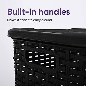 Plastic Laundry Hamper with Lid Laundry Hamper Basket, Black Tall Cloths Hamper Organizer with Cut-out Handles. Space Saving for Laundry Room Bedroom Bathroom, Wicker Design 60 Liter