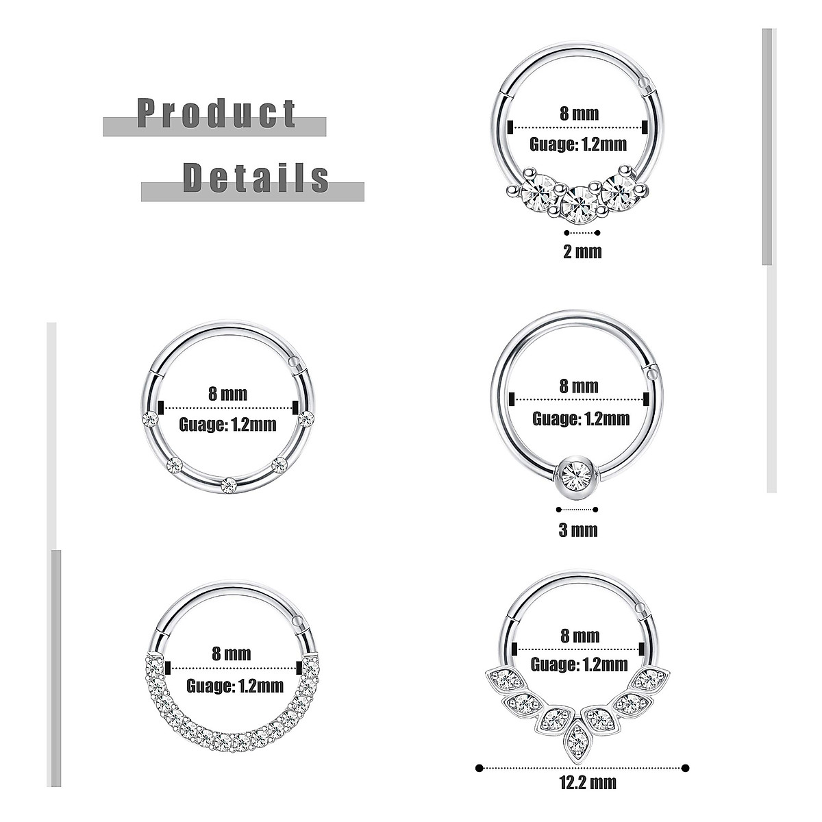 Drperfect Daith Earrings 16G Stainless Steel Cartilage Helix Tragus Nose Hoop Piercing Jewelry 8MM Silver CZ Hinged Septum Clicker Rings