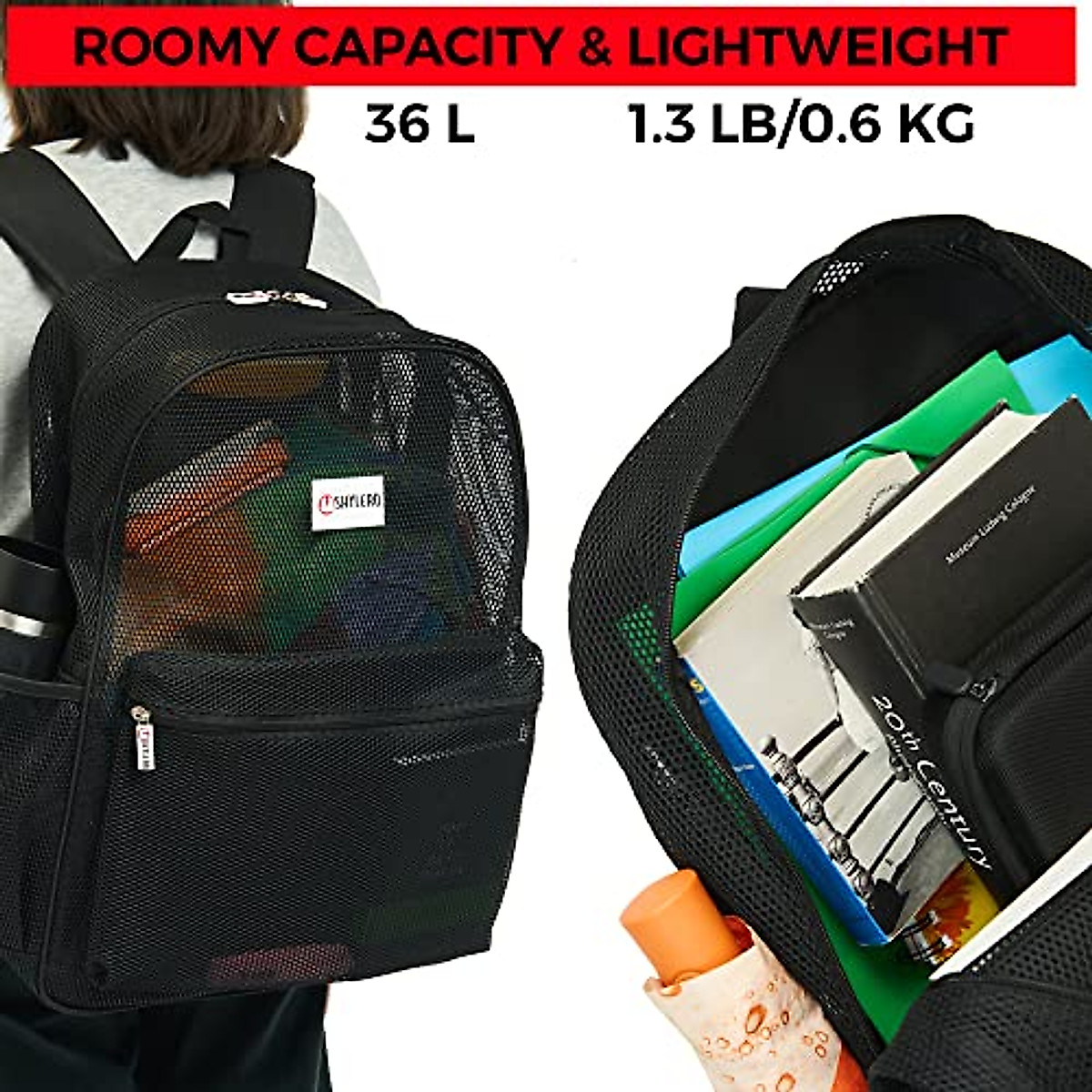 SHYLERO Mesh Backpack XXL (36L) - Lightweight Heavy-Duty Clear Backpack Made of Reinforced 3D Mesh - H19.6 xW15 xD7