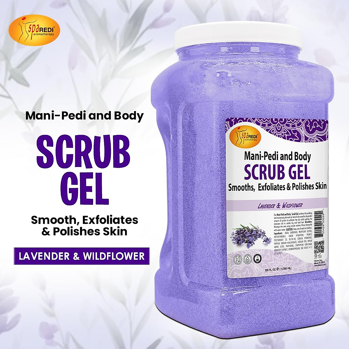 SPA REDI - Exfoliating Scrub Pumice Gel, Lavender and Wildflower, 128 Oz - Manicure, Pedicure and Body Exfoliator Infused with Hyaluronic Acid, Amino Acids, Panthenol and Comfrey Extract