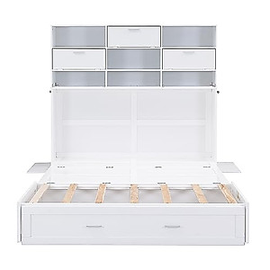 YSWH Queen Murphy Bed Chest, Wood Murphy Bed Frame with Bookcase, Bedside Shelves and Drawer, Versatile Chest Bed Folding Bed for Bedroom Furniture, Foldable Platform Bed Folded into Cabinet