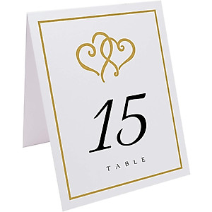 Linked Hearts and Border Wedding Table Numbers (Select Color/Quantity), White, Gold, 1-10, Double Sided, Tent or Use in a Stand, Great for Parties & Restaurants