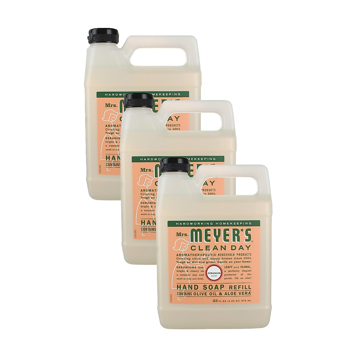 MRS. MEYER'S CLEAN DAY Organic Geranium Scent Liquid Hand Soap Refill, Vegan, 33 Ounces (Pack Of 3)
