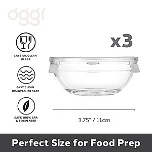 Oggi Set of 3 x Glass Pinch Bowls - 4oz with Clip Lids, Ideal as Salt and Pepper Bowls, Storage Bowls with Lids, Condiment Bowls, Mini Bowls, Prep Bowls for Cooking or Mise en Place Bowls - Clear