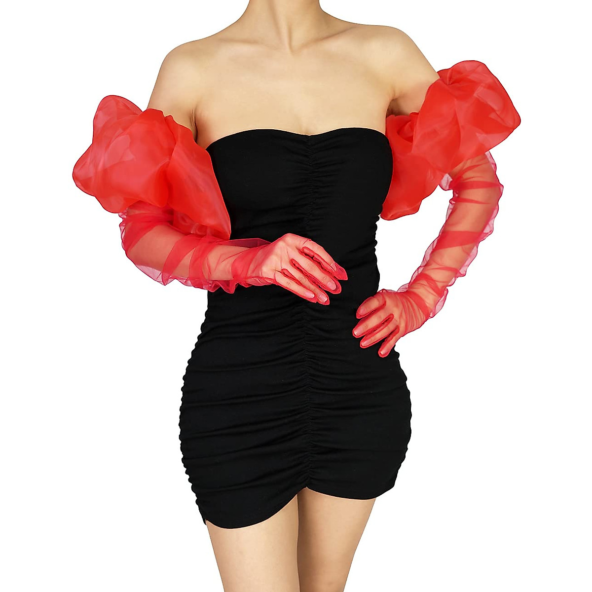 XXDingbs Super Puff Sheer Long Gloves Oversize Tulle Mesh Gloves for Cocktail Opera Party Gloves with Ruffle Long Sleeve Red
