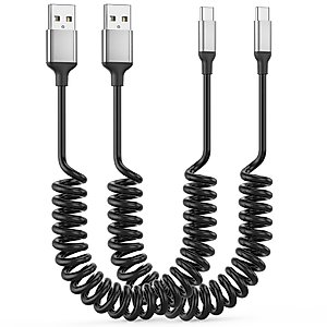 Coiled USB C Cable for Car 2Pack, 3A USB Type C Charger Cable Fast Charging, Retractable Android USB A to USB C Charge Cord for Samsung Galaxy S23 S22 S21 S20 S10, Note 20 10, A10e A20 A50, Moto G, LG