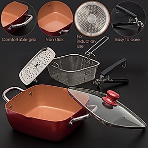 Moss & Stone Copper 5 Piece Set Chef Cookware, Non Stick Pan, Deep Square Pan, Fry Basket, Steamer Tray, Dishwasher & Oven Safe, 5 Quart Copper Pot Set, Red Induction Cookware Set