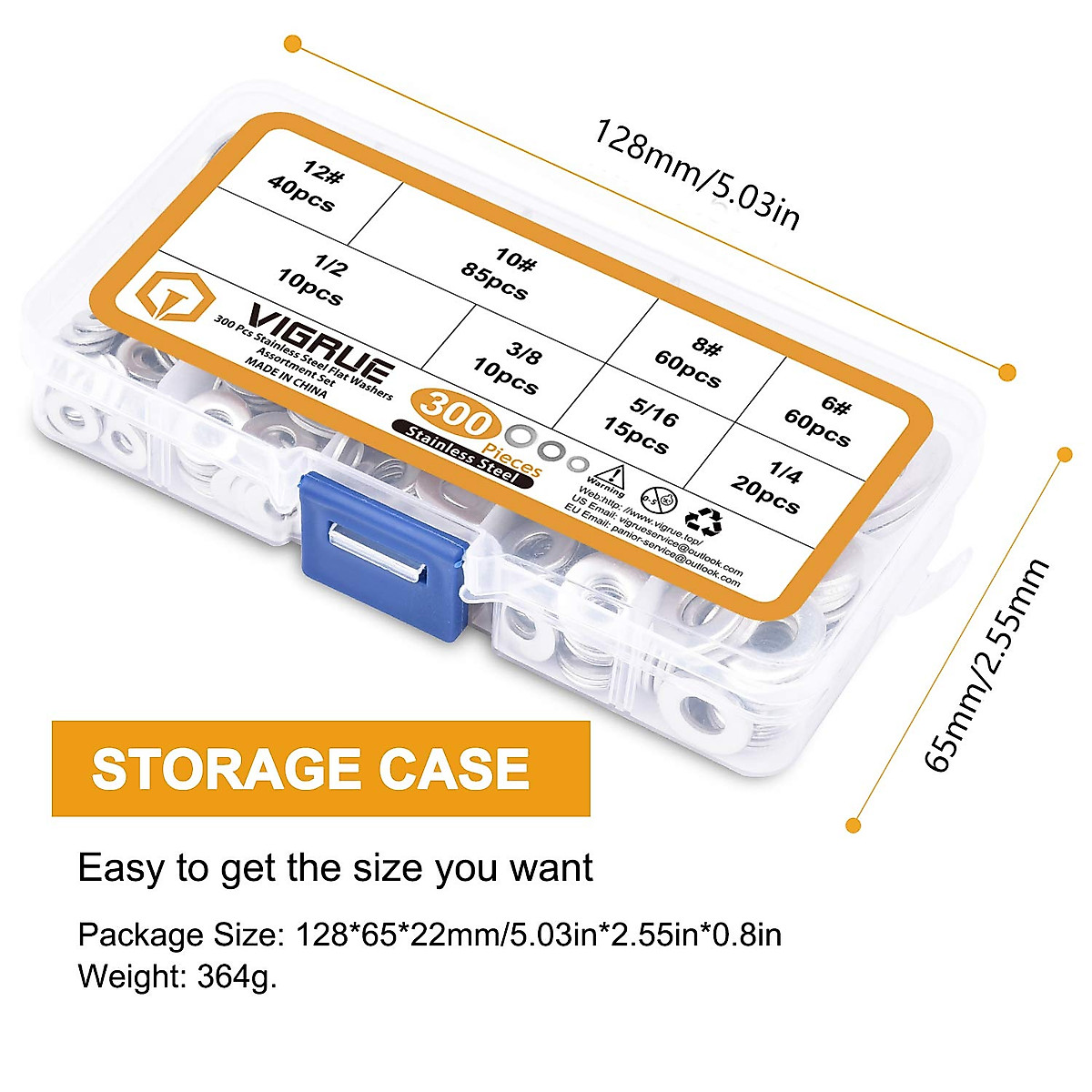 VIGRUE 304 Stainless Steel Flat Washers Assortment Washers Hardware Set 300pieces,8Sizes 1/2" 3/8" 5/16" 1/4" 12# 10# 8# 6#