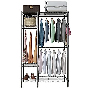 Doredo Metal Clothing Rack with Shelves, Heavy Duty Clothes Racks for Hanging Clothes, Wire Garment Racks for Hanging Clothes with 3 Hanger Rods, 4 Hooks, 45" W x 16.5" D x 70.8" H