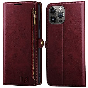 SUANPOT for iPhone 14 Pro 6.1 inch Wallet case 【RFID Blocking】【9 Card Slot】【Pocket】,Credit Card Holder Flip Folio Book Zipper PU Leather Protective Cover Women Men for Apple 14 Pro Phone case Wine Red