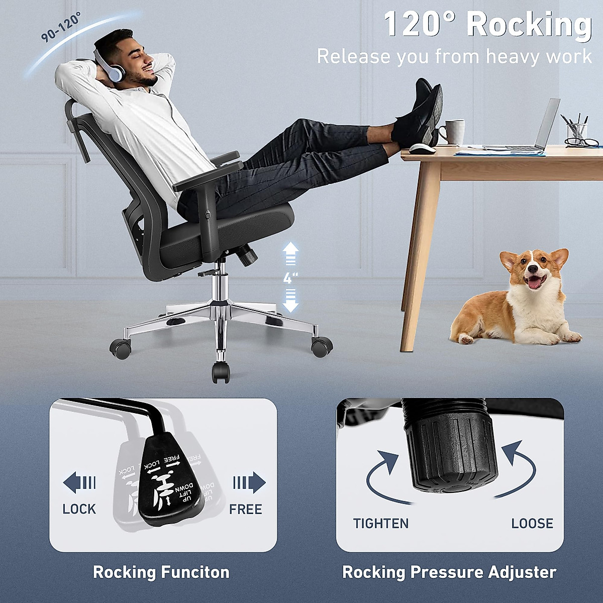 Brick Attic Office Chair, Ergonomic Desk Chair High Back Computer Chair Swivel Mesh Task Chair with Adjustable Lumbar Support Armrests Headrest Black