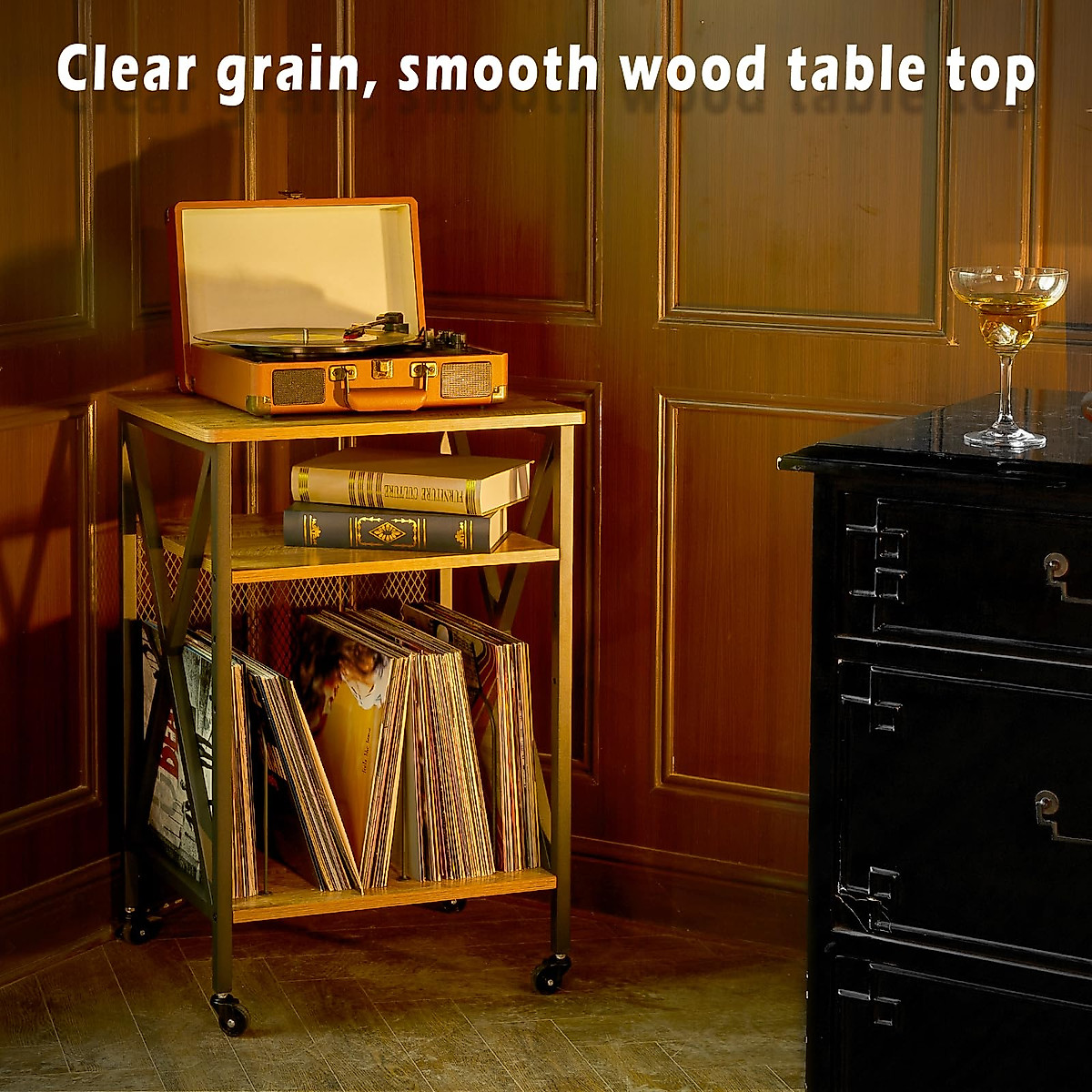 Record Player Stand With Vinyl Storage 3 Tier Rolling Vinyl Record Storage With 3 Adjustable Divinder Record Player Table Turntable Stand Shelf With Wheels Record Holder For Albums