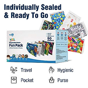 WECARE Disposable Face Masks For Kids, 50 Print Masks, Individually Wrapped for School and Travel (Fun Pack)