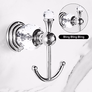 BATHSIR Crystal Robe Hook, Polished Chrome Double Towel Hook for Bathroom, Wall Mounted Silver Coat Hook