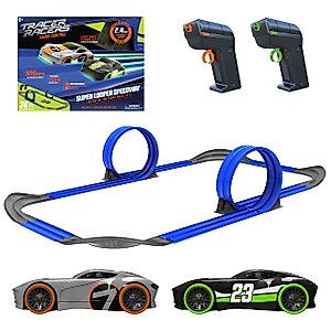 Tracer Racers Remote Control Cordless Glow in The Dark High-Speed Super Loop Speedway Track Set with Two Cars for Dual Racing, Glow Blue