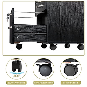 Bonnlo 26" H 3 Drawer File Cabinet with Lock, Rolling File Cabinet Under Desk, Mobile File Cabinets for Home Office, Wood Black File Cabinet Printer Stand for Letter Size Hanging/Manila File Folders