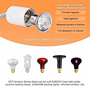 Dimmable 2-Pack White Adjustable Reptile Clamp Heat Lamp Fixture Holder with 3-Pack 30W Sun Basking Spot Lamp, Flexible Clamp Lamp Stand with Clip for Aquarium, Reptiles,Lizard, Turtle, Snake