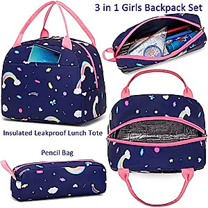 Meisohua Unicorn Backpack for Girls School Backpack 3 in 1 Set Elementary Kindergarten School Bags for Girls with Chest Strap and Lunch Tote Pencil Bag