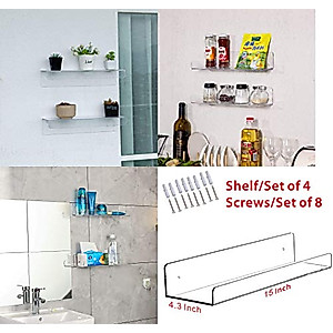 Cq acrylic 15" Invisible Acrylic Floating Wall Ledge Shelf, Wall Mounted Nursery Kids Bookshelf, Invisible Spice Rack, Clear 5MM Thick Bathroom Storage Shelves Display Organizer, 15" L,Set of 4