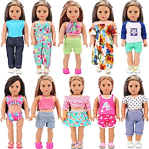 Ecore Fun 10 Sets 18 Inch Doll Clothes - 18 pcs Doll Clothing Doll Outfits Dress Swimsuits Jumpsuit Tights for 18 Inch Dolls Christmas Birthday Gift