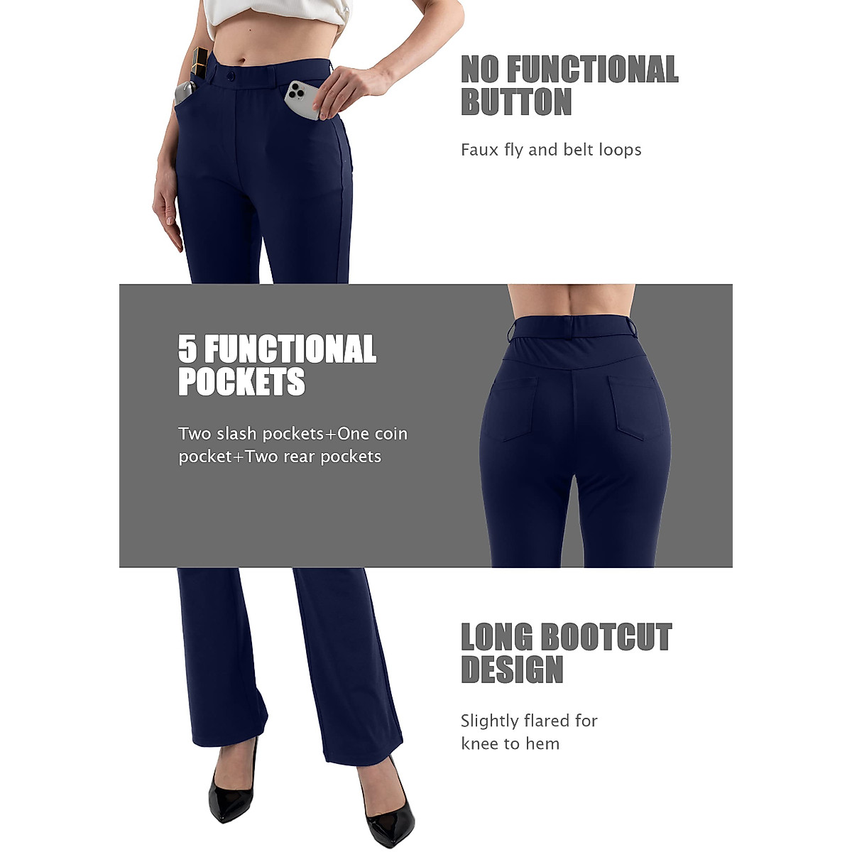 Hiverlay Women's Bootcut Dress Pants Pull On Stretchy Work Slacks for Business Office 5 Pockets 29" Navy 2X-Large