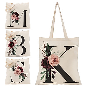 Floral Canvas Bags Gifts for Bridesmaid - Initial Tote Wedding Bag for Bridal Shower - Engagement Shoulder Totes Bags for Women - Bachelorette Party Gift for Girl - 15"x16" Large Bag C2 (Initial #K)