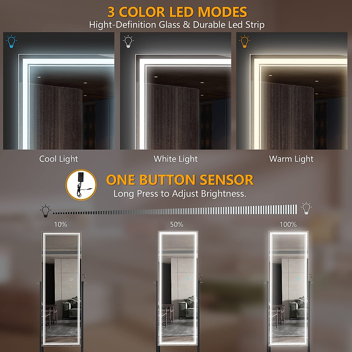 Vlsrka Mirror Jewelry Cabinet Standing with LED, Jewelry Mirror Full Length with Built-in Makeup Mirror & Lights, Large Jewelry Armoire Cabinet for Earrings Necklaces Cosmetic (White)