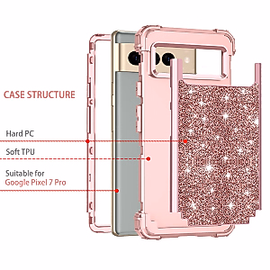LONTECT for Google Pixel 7 Pro Case Glitter Sparkly Bling Shockproof Heavy Duty Hybrid Sturdy Drop Protective Cover Women Girl Case for Google Pixel 7 Pro 2022,Shiny Rose Gold