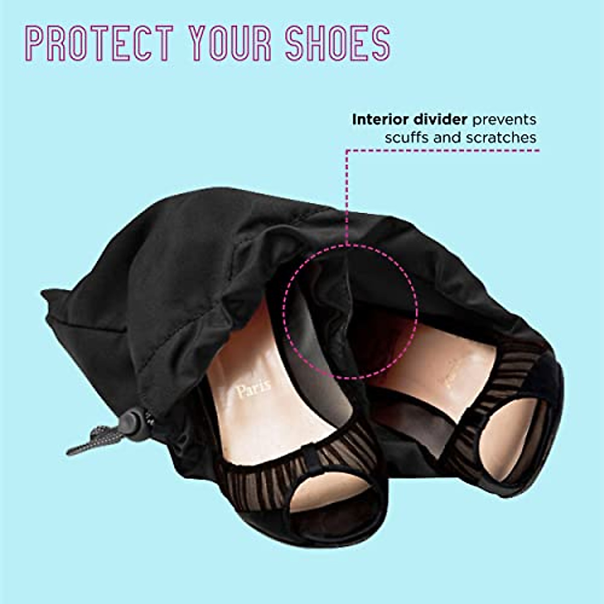 Miamica “Head Over Heels” Shoe Storage Bag, Black – 11” x 9” x 0.25” – Cute Shoe Bag for Women, Protects Footwear and Luggage – Shoe Storage Bag with Interior Divider – Fits 1-2 Pairs of Shoes